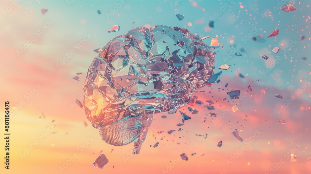 Shattered glass brain concept on sunset background. National Mental ...