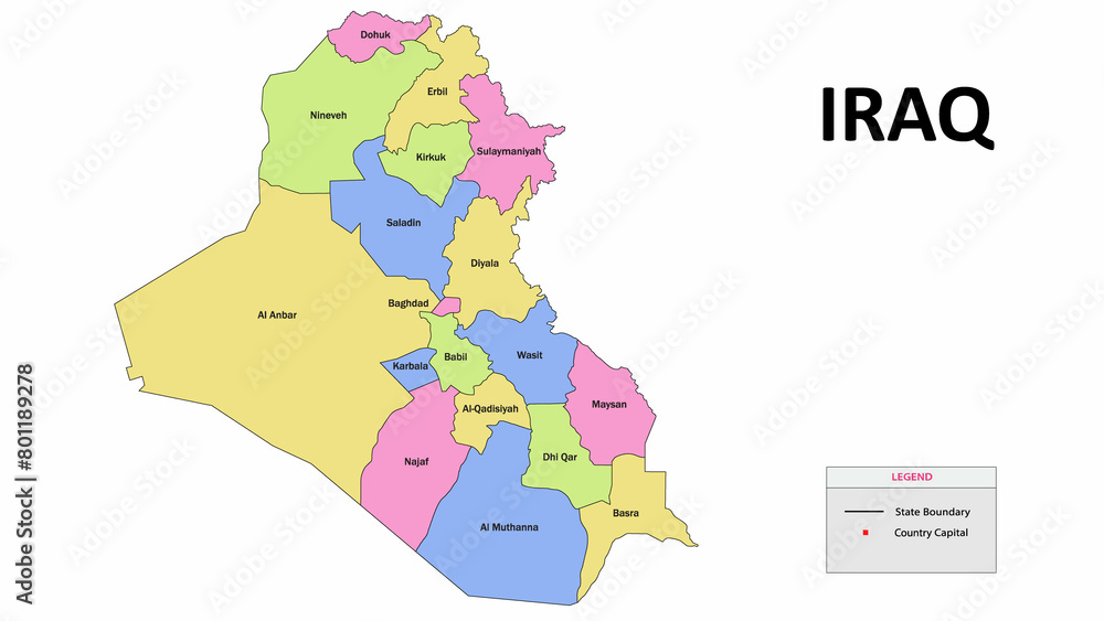 Iraq Map. State and district map of Iraq. Detailed colorful map of Iraq ...