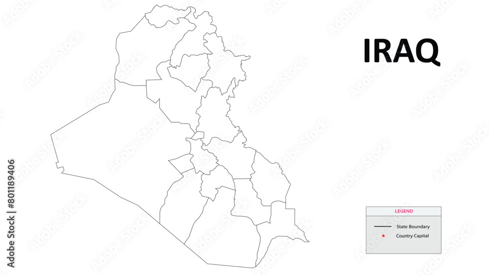 Iraq Map. Outline state map of Iraq. Political map of Iraq with a black ...