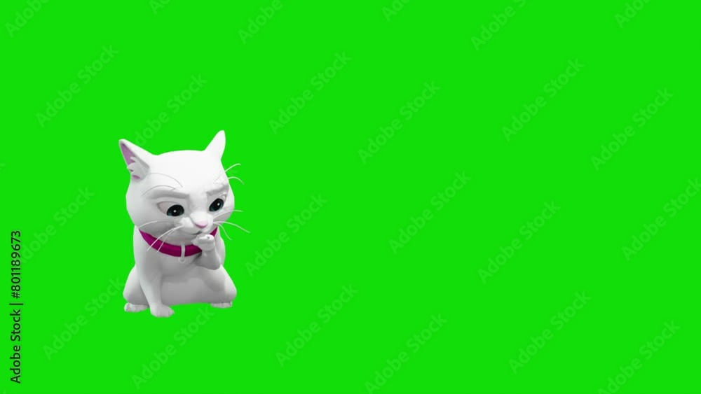 3D character animation of a cute white cartoon cat licking its paw ...