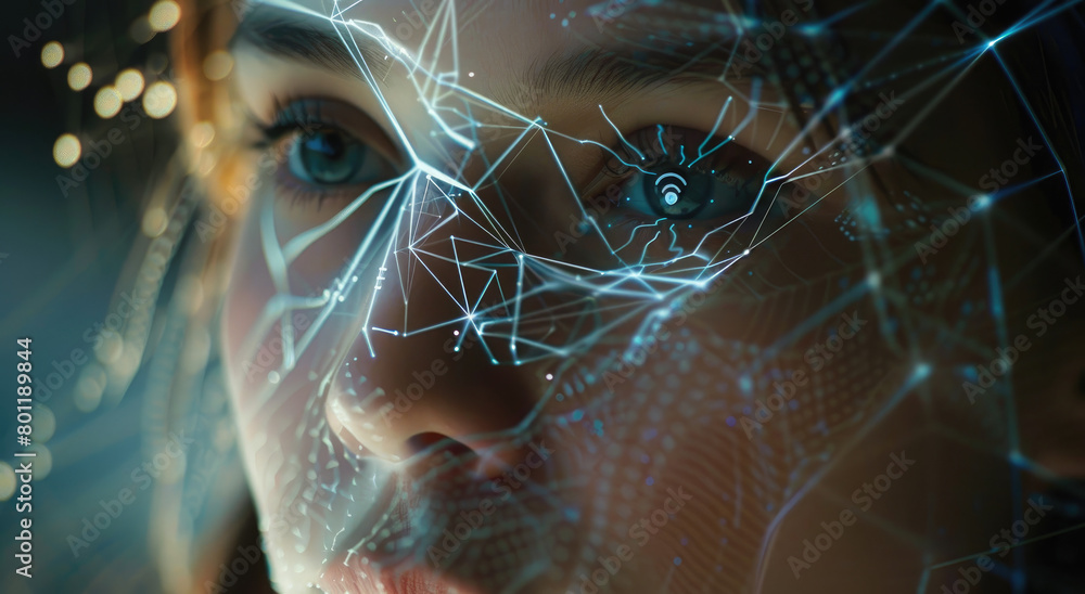 A closeup of an AI facial biometric system in action, with lines and ...