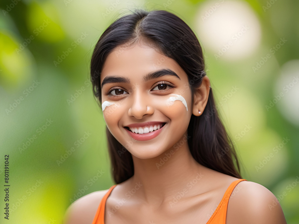 An indian girl with fair skin applying sunscreen on her face with natue ...