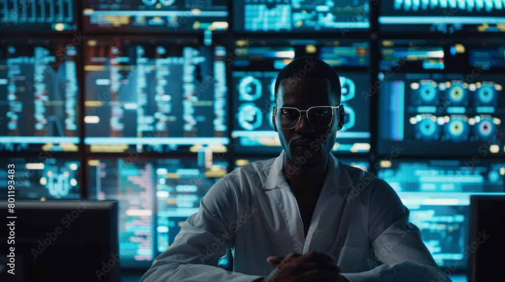 Handsome confident black man, programmer, IT specialist dealing with ...