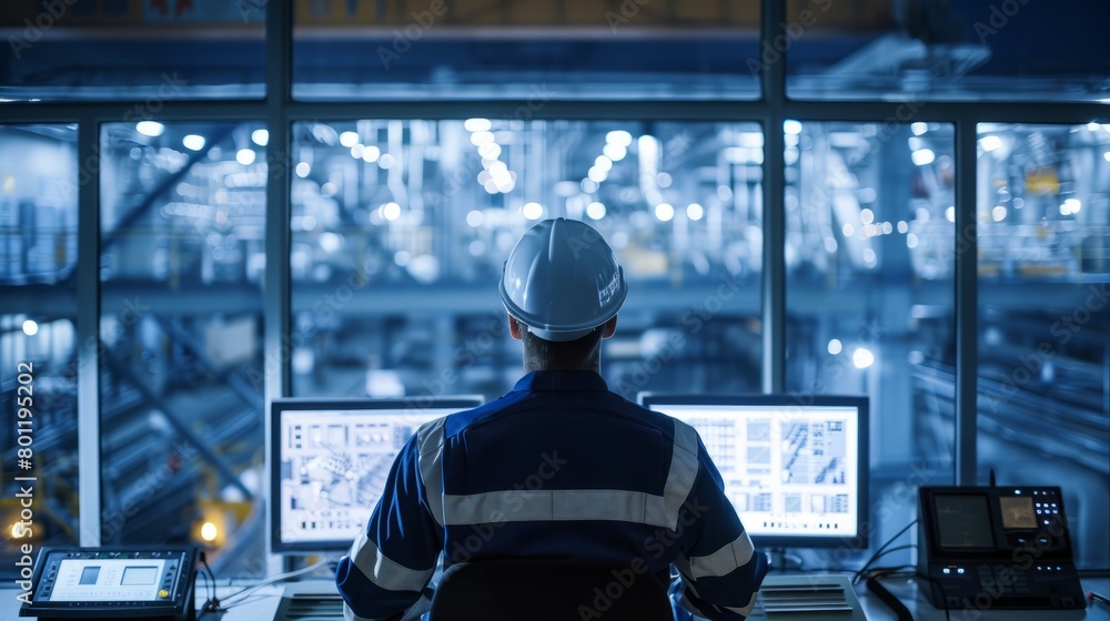 Male technician monitoring manufacturing processes from a control room ...