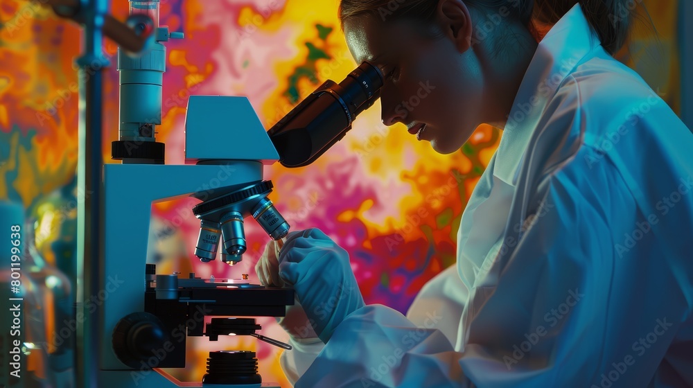 Artistic close-up of a scientist examining biopharmaceutical compounds ...