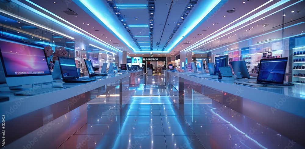 A retail shopping mall laptops computers sells section set in a highly ...