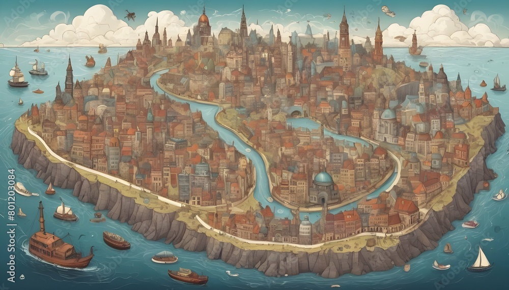 Whimsical Illustrated Map Of A Fictional City Ca Upscaled 4 Stock ...