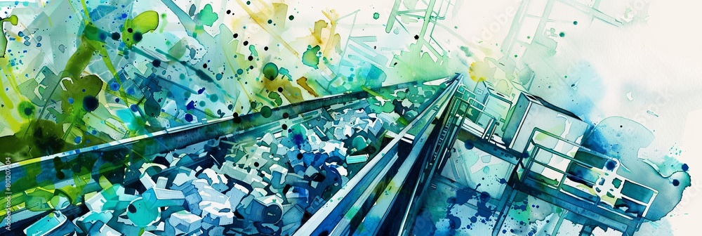 This watercolor painting showcases a busy recycling plant, emphasizing ...