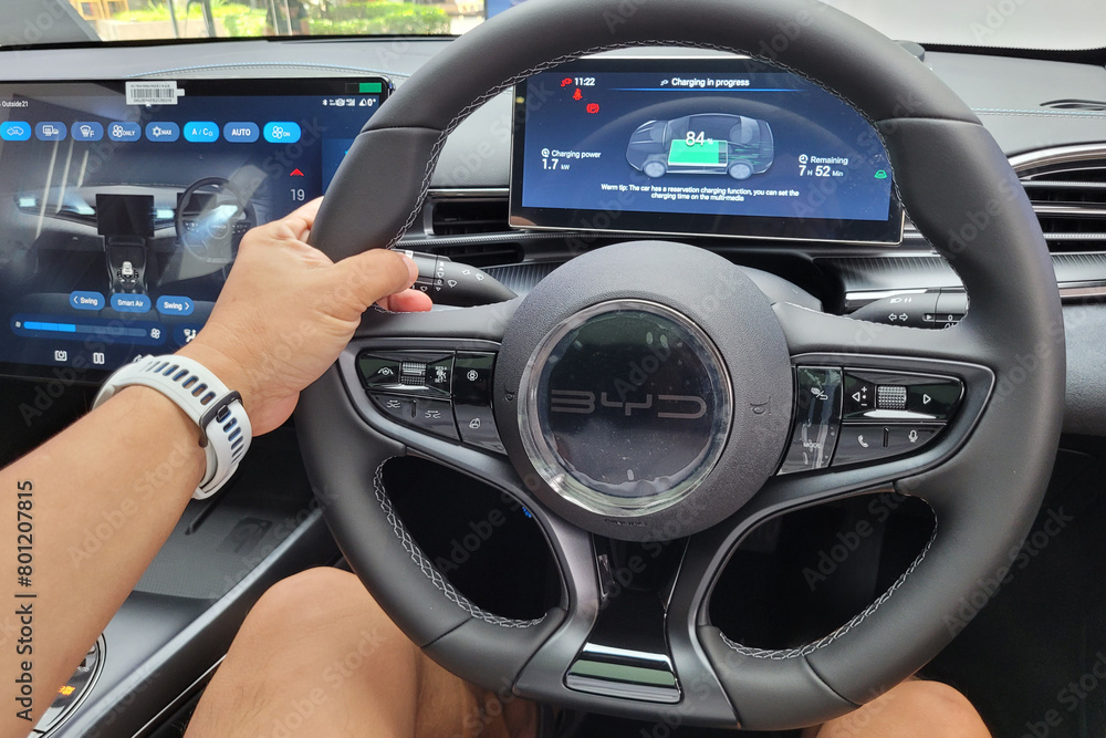 PENANG, MALAYSIA - 30 APR 2024: BYD Auto EV interior design and logo on ...