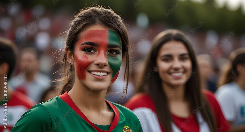 Happy PORTUGAL woman supporter with face painted in PORTUGAL flag ...