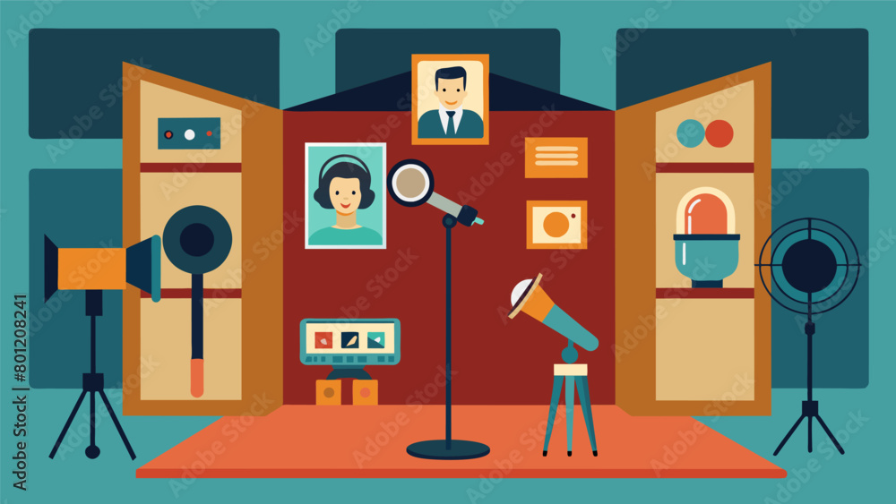 The recording booth is adorned with photographs and artifacts serving ...