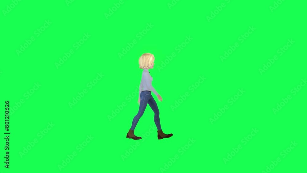 3d girl in jeans walking left angle chroma key green background render ...