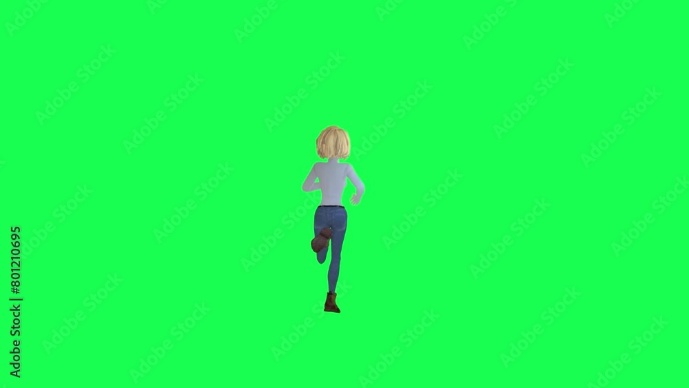 3d blonde girl in white dress running fast green screen back angle ...