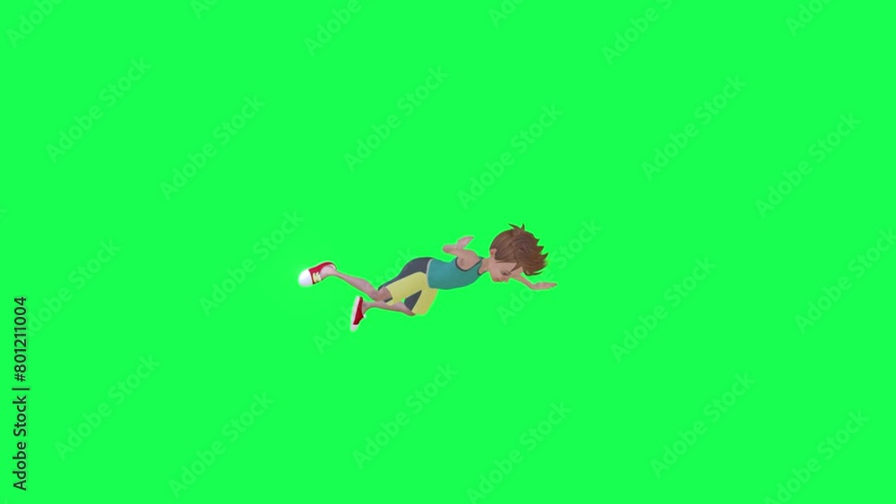 3d Animated boy in sports clothes falling from the height left angle ...
