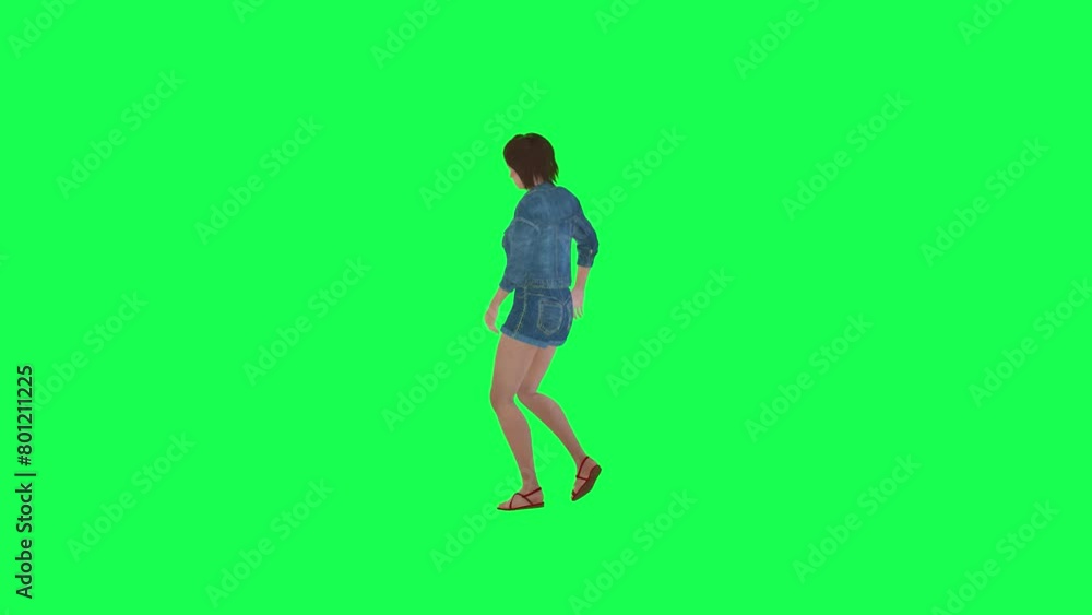 3D animated girl in jeans finding something right angle green screen 3d ...