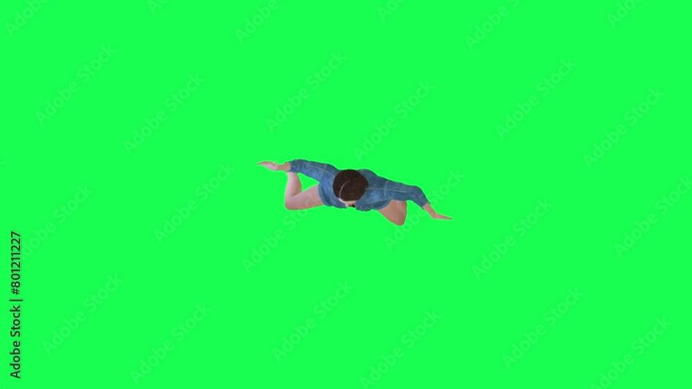3D animated girl in jeans falling from height front angle green screen ...