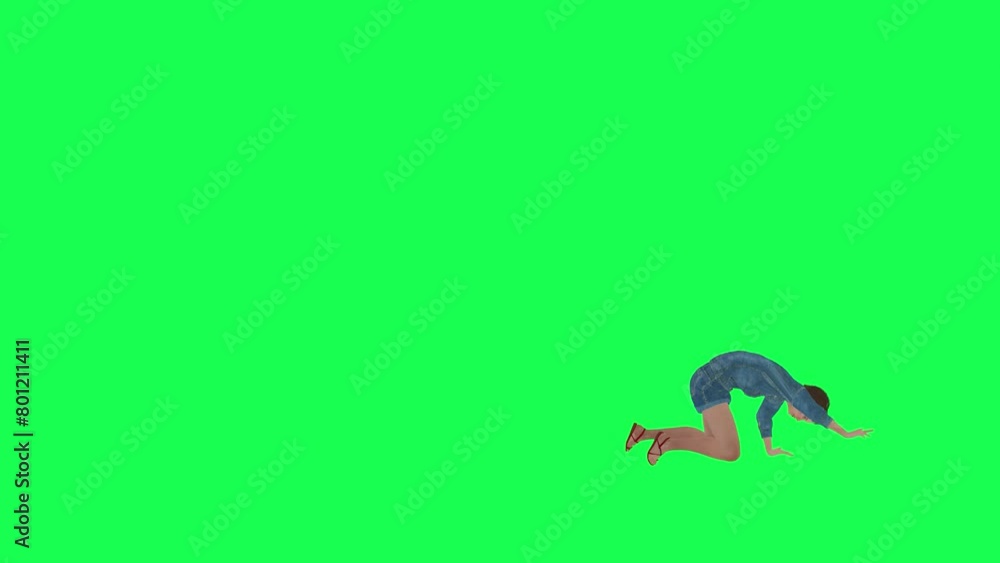 3d animated girl in jeans landing from the sky left angle green screen ...
