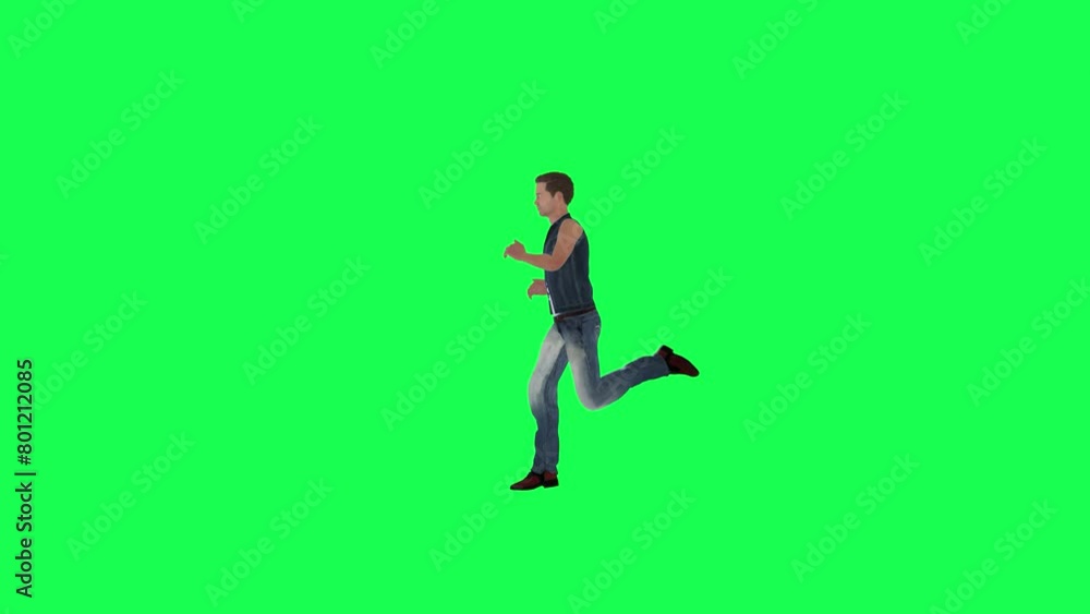 3d animated man in jeans running fast right angle green screen render ...