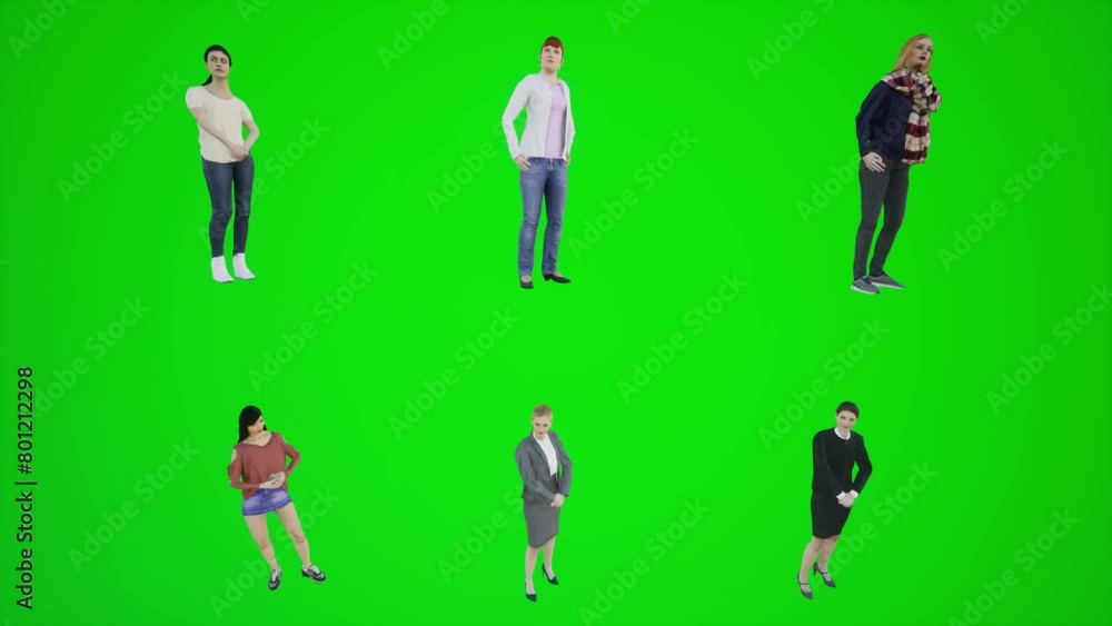 3D animation of six women standing on a green screen and waiting in the ...