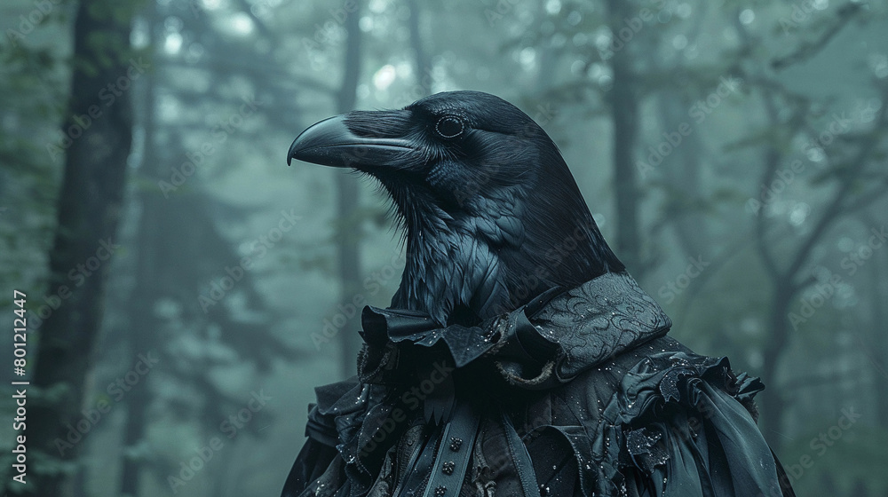 A dark mysterious bird is staring at you from the woods. Its eyes are ...