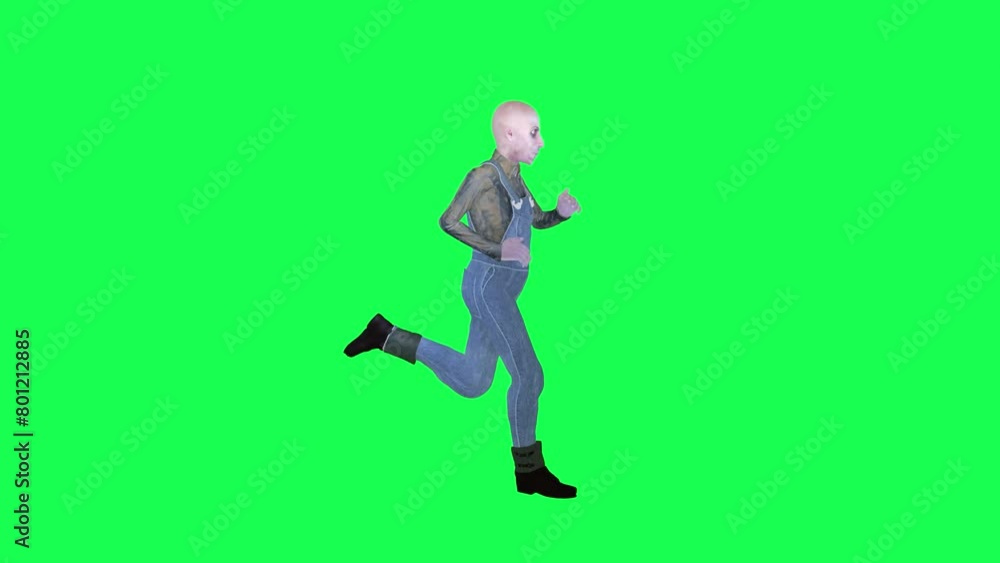 Scary animated bald man running isolated left angle green screen 3d ...