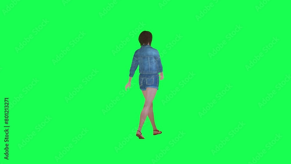 3D animated woman in jeans walking to work back angle green screen 3d ...