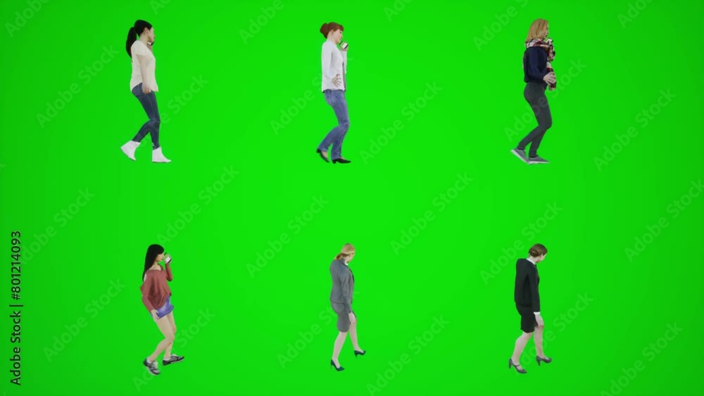 3d green screen six women walking and talking on the phone in school ...