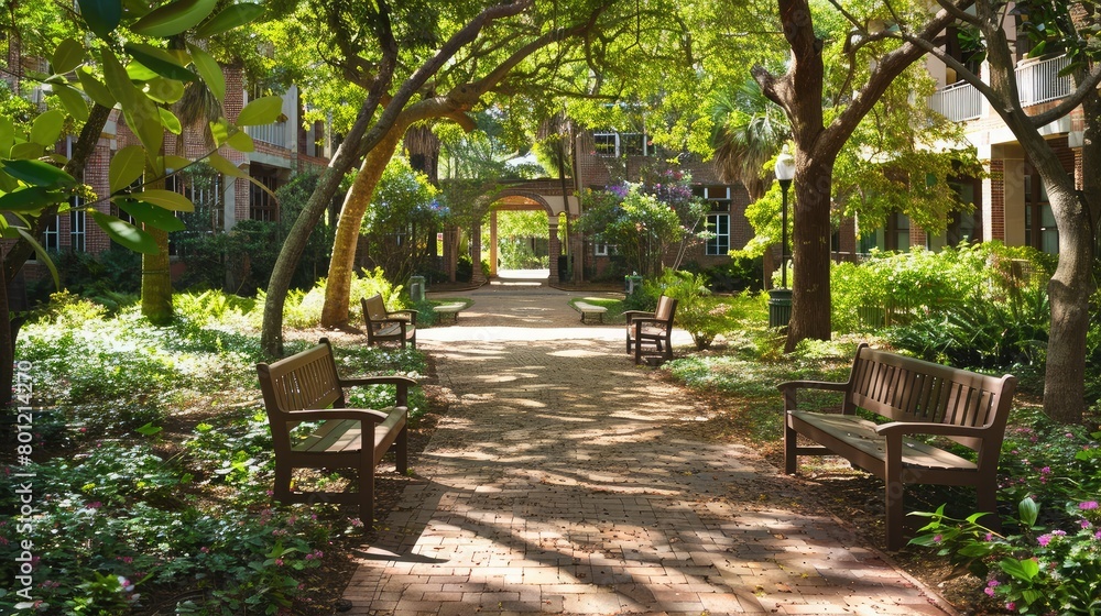 University campus courtyard with shaded walkways and benches surrounded ...