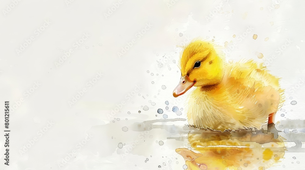 A cute yellow duckling is sitting in a puddle of water. The duckling is ...