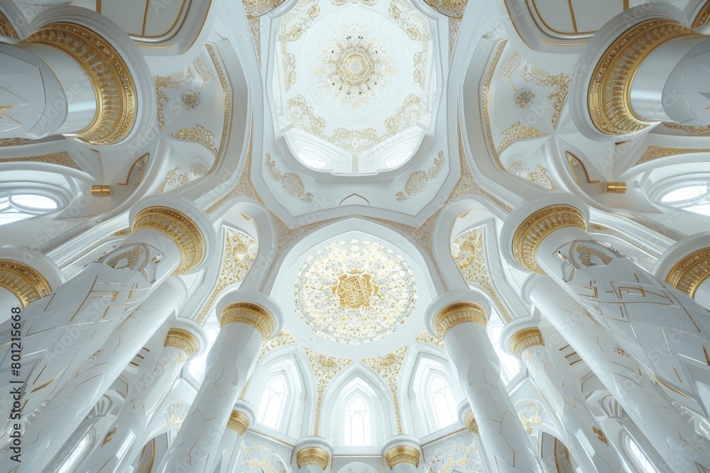 View from inside the ceiling of a white Arabic mosque with golden ...