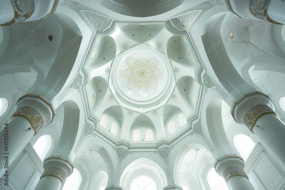 View from inside the ceiling of a white Arabic mosque with golden ...