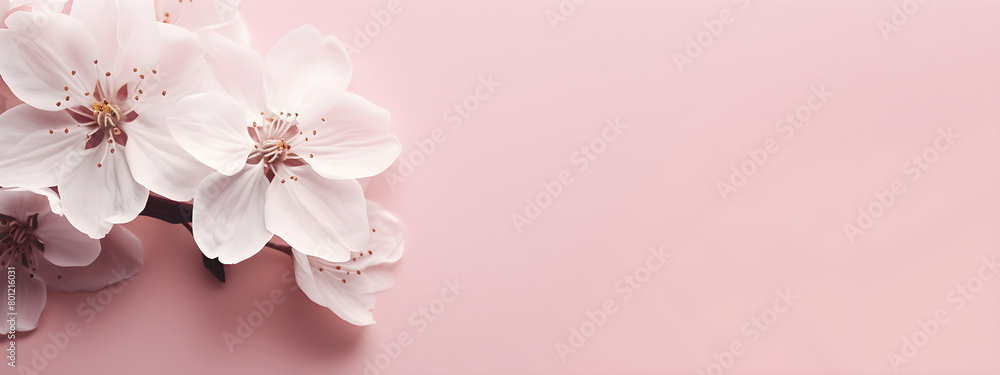 Banner with spring flowers on pink background with copy space. Template ...