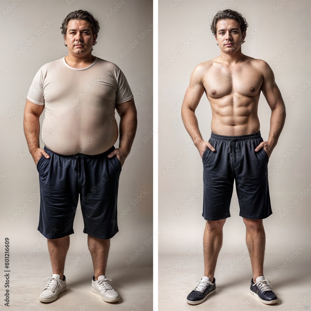 The before picture shows a man in loose clothing with a double chin and ...