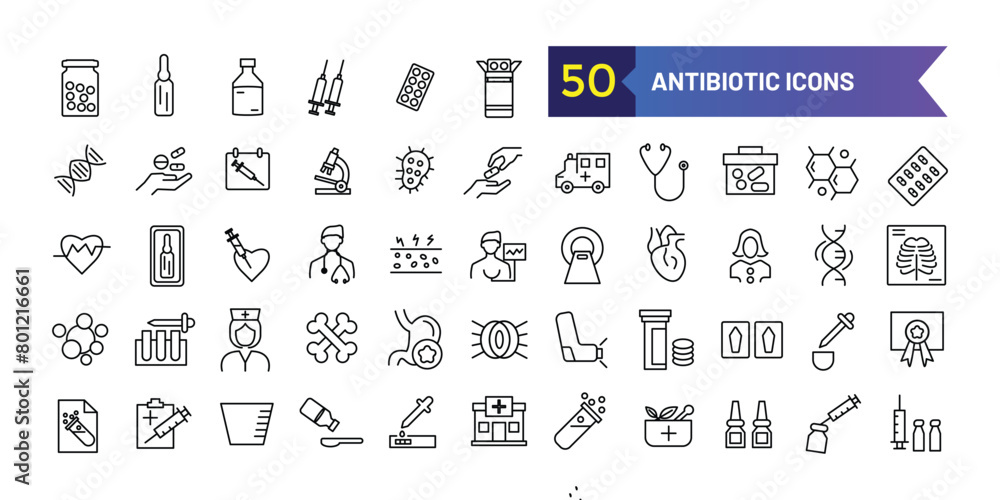 Antibiotic icons set. Outline set of antibiotic vector icons for ui ...