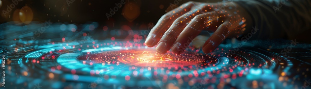 Mid-shot of a futuristic data input terminal where a user is ...