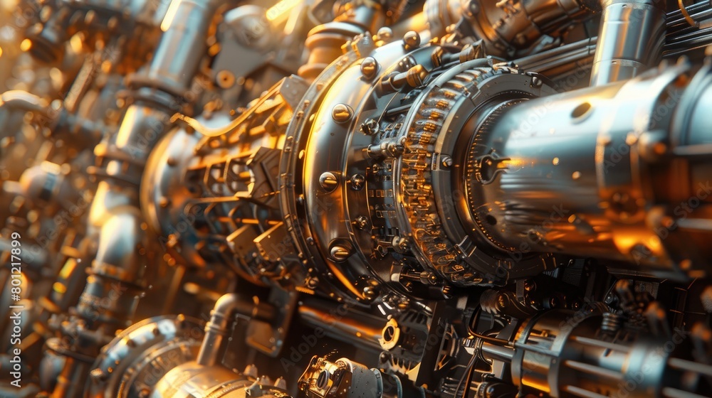 The image shows a close-up of a complex machine with many gears. The ...