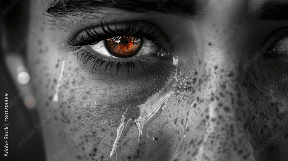 Close-up of a person's tear-streaked face, eyes filled with sadness and ...