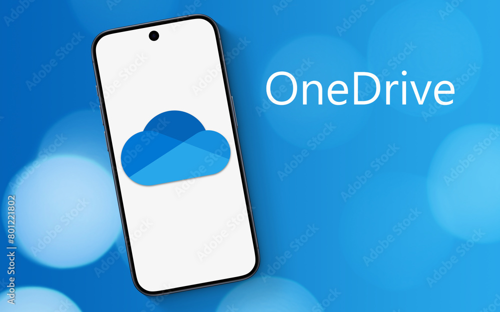 OneDrive logo displayed on a modern smartphone, blue gradient with ...