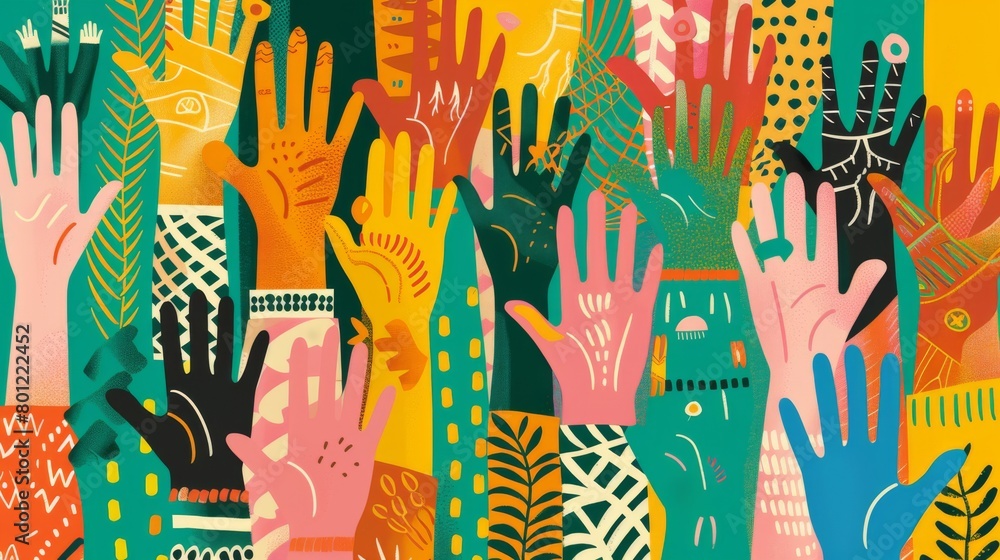 An illustration showcasing a collection of diverse and colorful hands ...
