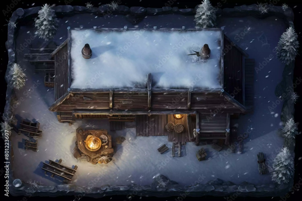 DnD Battlemap Frost-covered Timber Lodge - A Log Cabin in Winter. Stock ...