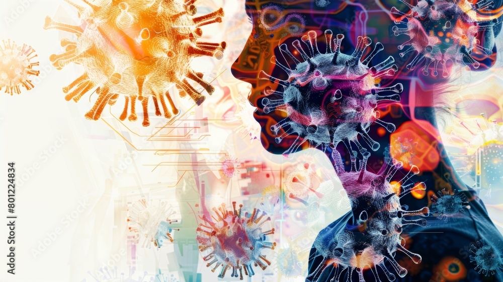Digital artwork of colorful, stylized viruses overlapping a human ...
