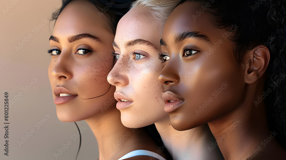 Four women with different skin tones stand side by side. Concept of ...