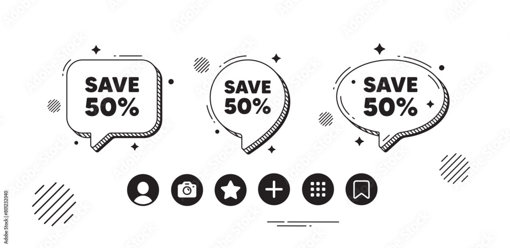 Save 50 percent off tag. Speech bubble offer icons. Sale Discount offer ...