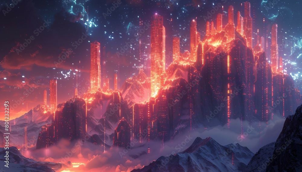 Quantum Fortress, imposing fortress nestled within a digital landscape ...