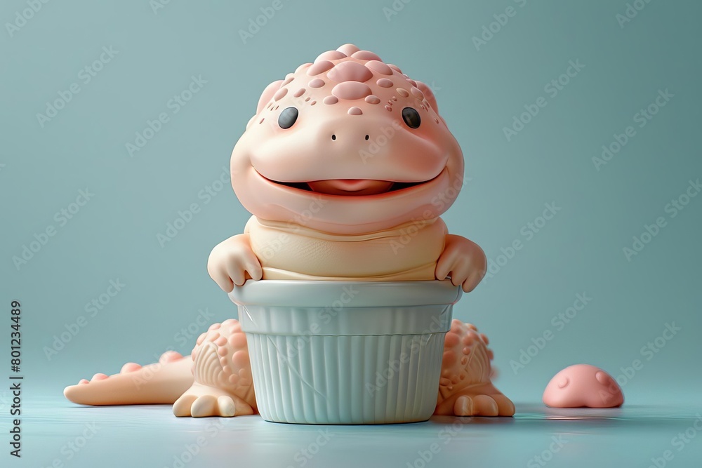 A cute pink and white lizard is sitting in a white bowl. The lizard has ...
