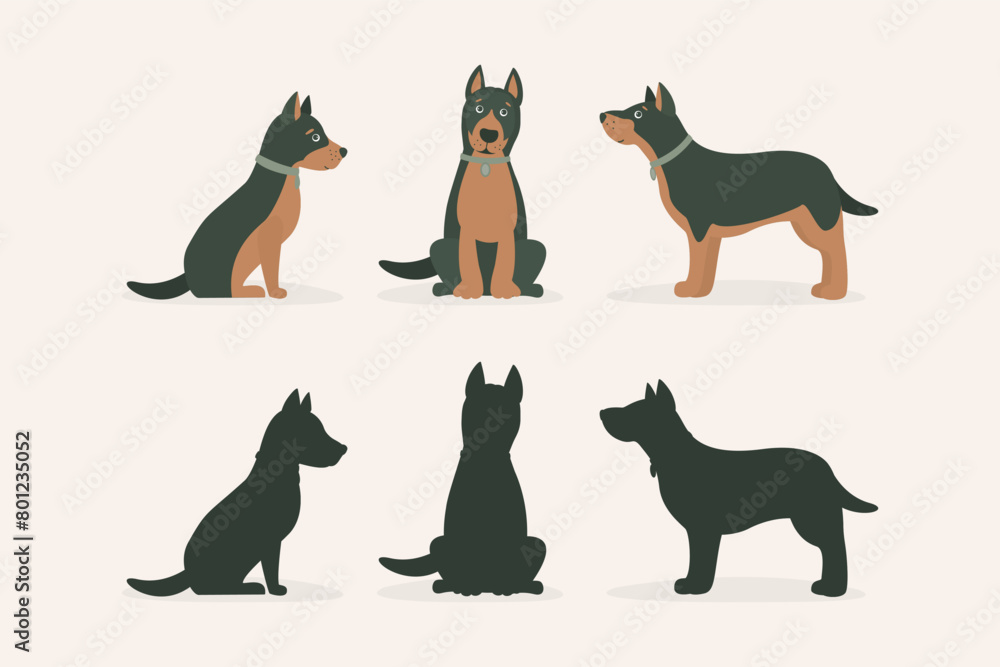 Collection of cartoon character dog in different poses and silhouettes ...