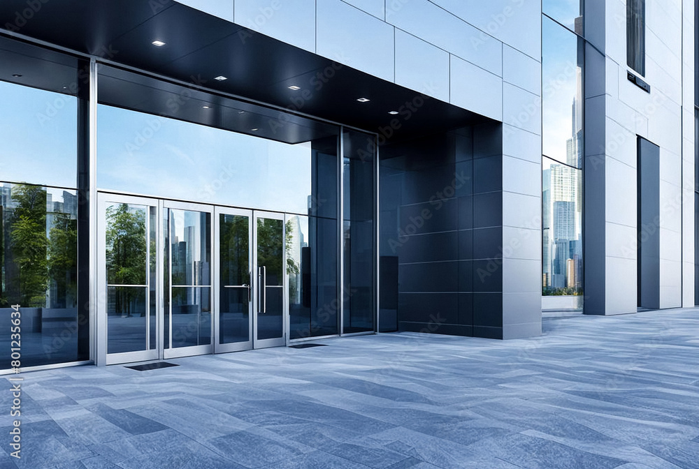 Entrance to modern office building of business city with automatic ...