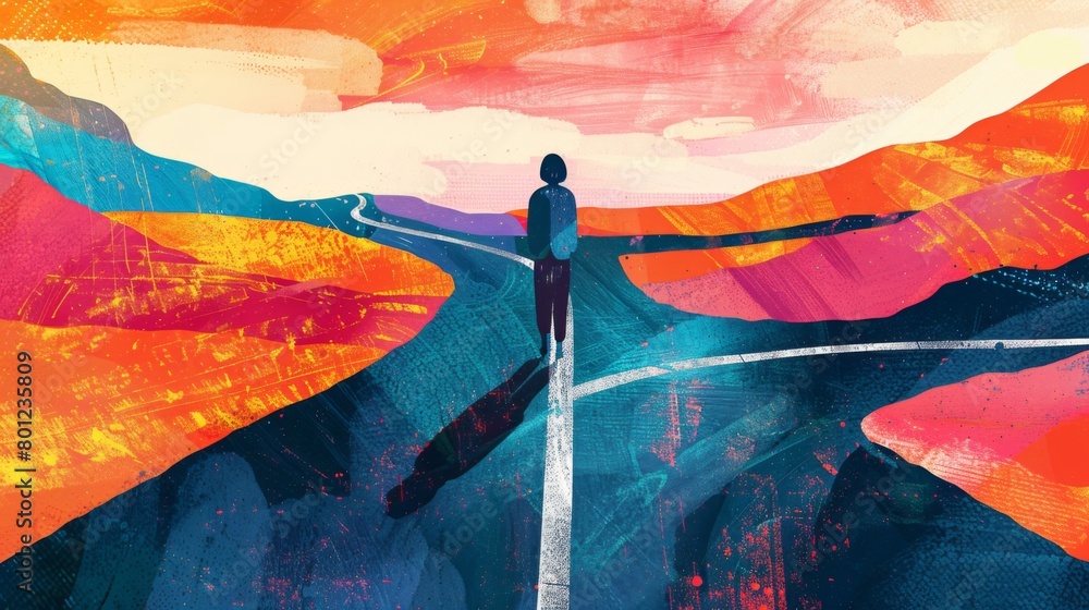 Person standing at crossroads in a stylized, collage style illustration ...