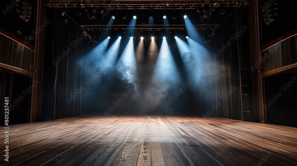 retro vintage interior theater stage with blue yellow spotlights shine ...