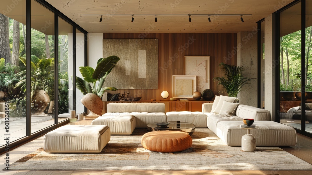 Modern Living Room Layout: A 3D visualization demonstrating an ...